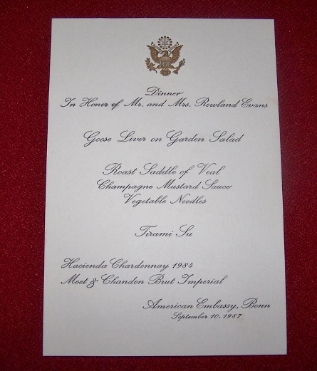 Engraved Menu Card from the American Embassy in Bonn for a Dinner to ...