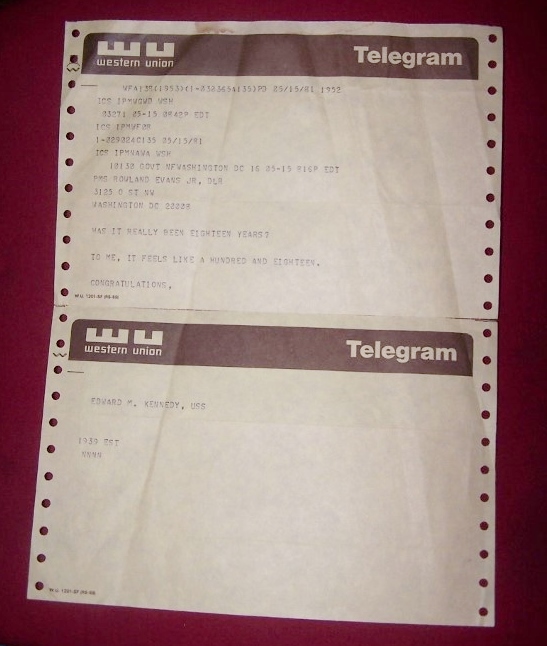 Western Union Telegram "Night Letter" from Edward M. Kennedy to Rowland ...